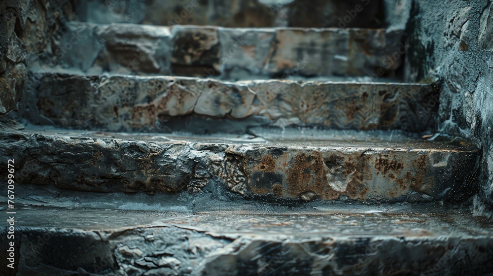 Rough-hewn stone steps lead upwards in the gloom. The treads are worn ...