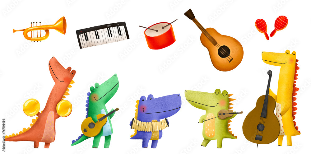 Cute illustration with dinosaurs. Dinosaurs Rock stars and musical ...