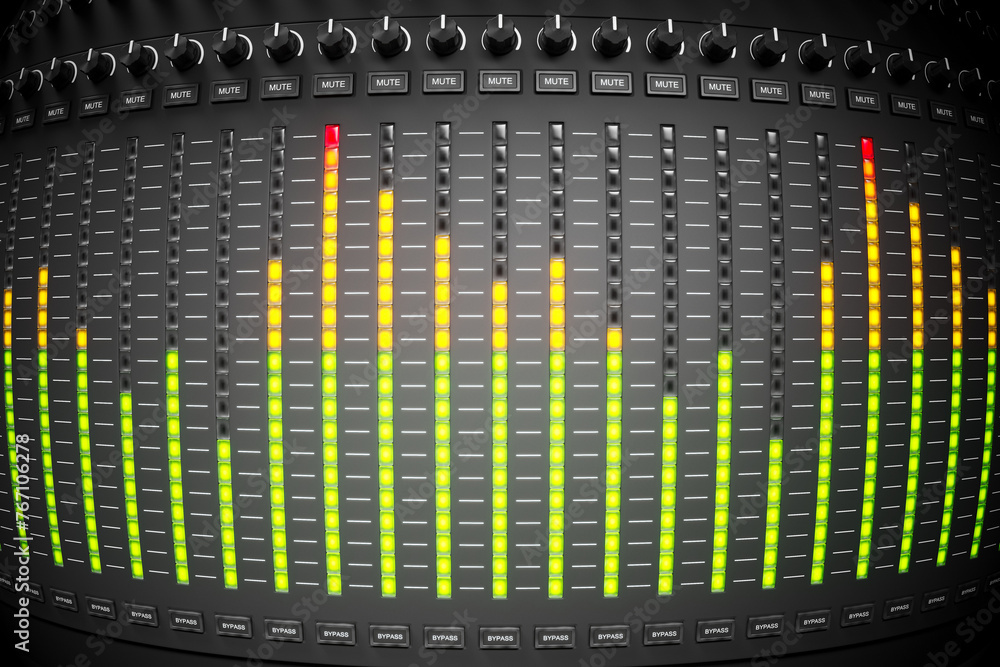 Professional Sound Mixer Console with Vibrant LED VU Meters in a Studio ...