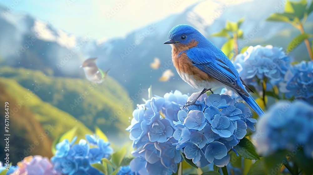 Blue mountain backdrop with a vivid bluebird on a pastel hydrangea ...