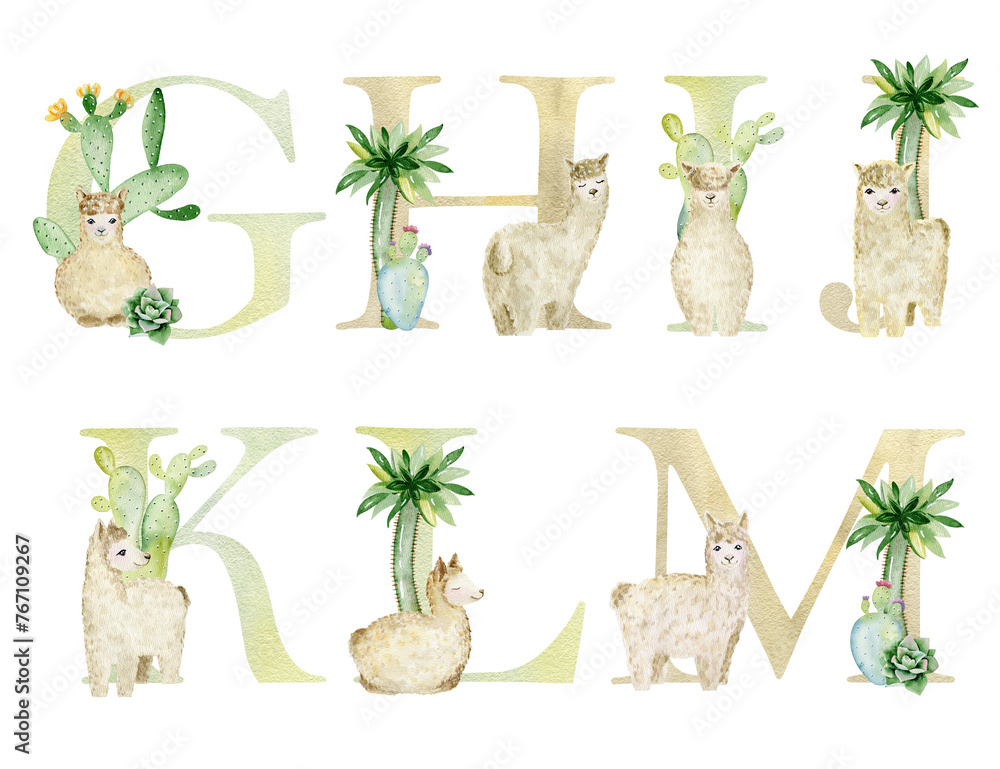 Watercolor letters with llamas for invitation card, nursery poster and ...