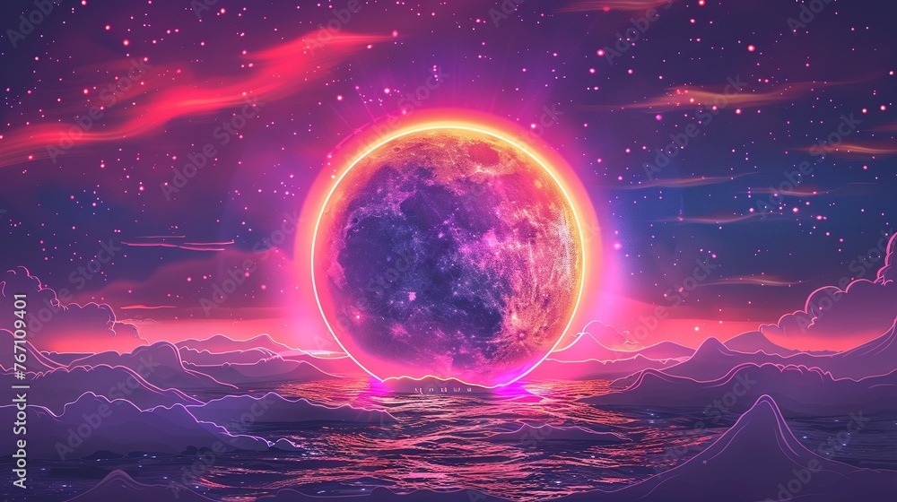 Vintage eclipse scene in neon sun and moon merging soft glowing ...