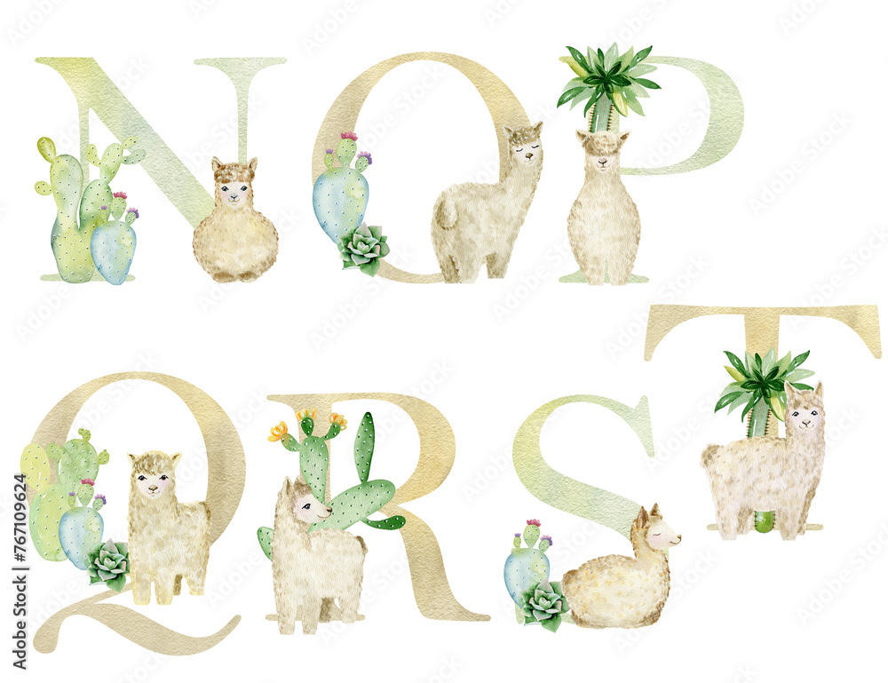 Watercolor letters with llamas for invitation card, nursery poster and ...