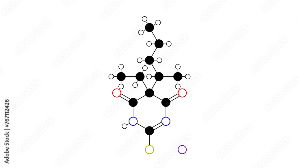 sodium thiopental molecule, structural chemical formula, ball-and-stick ...