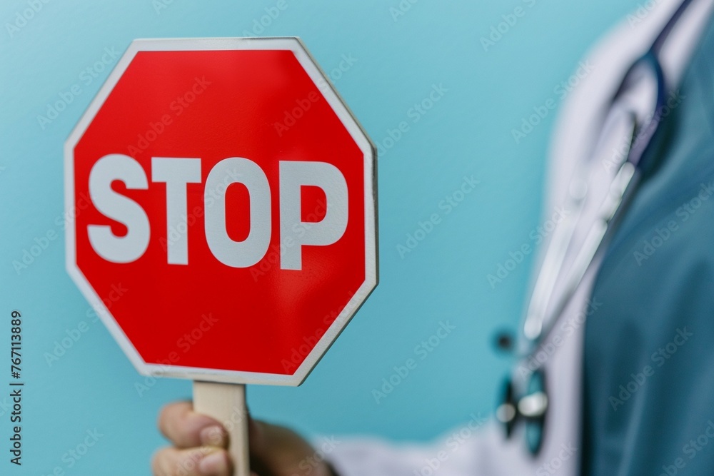 Conceptual image of a red stop sign against a medical background ...