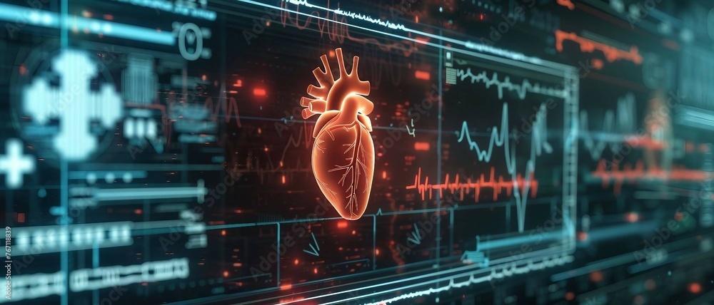 a holographic display showing patient data, with medical heartbeat icon ...