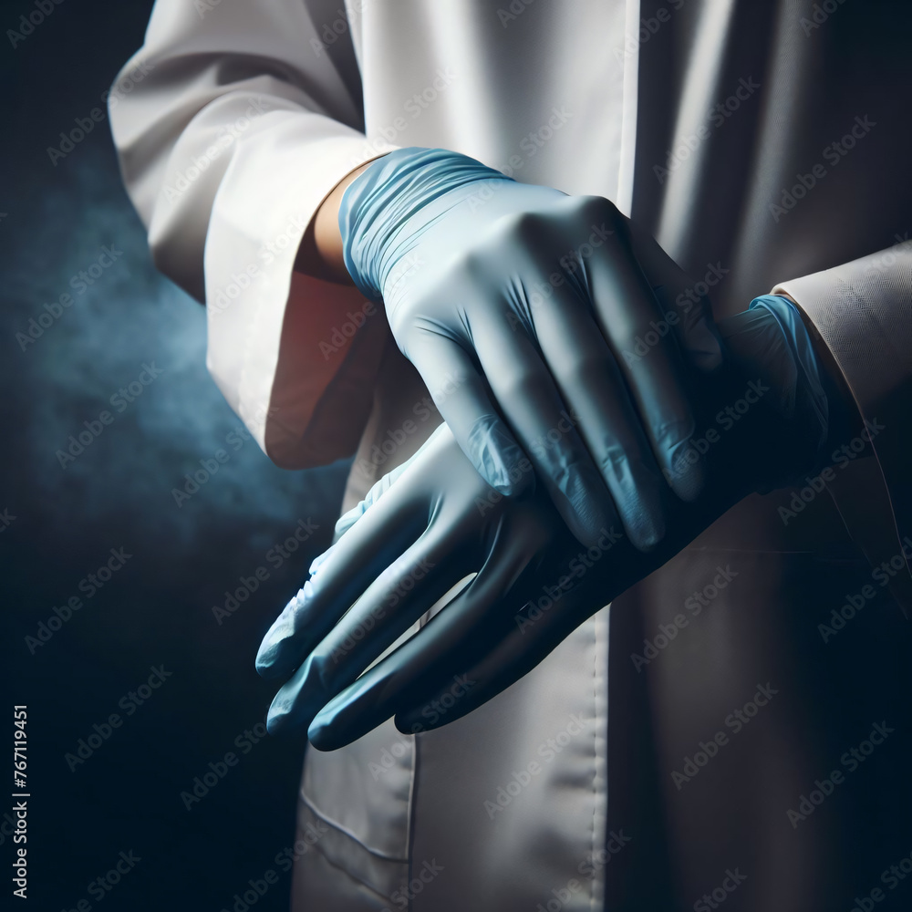In a close-up shot against a dark background, the hands of a doctor are ...