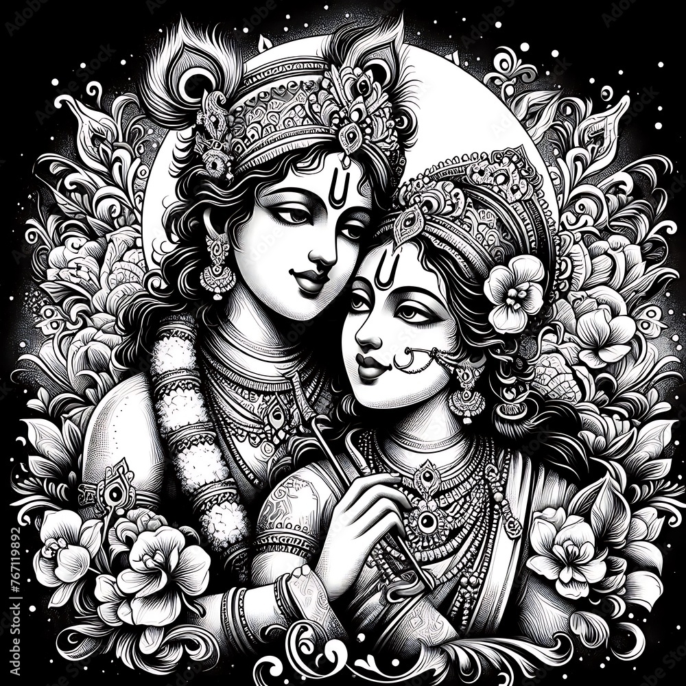 Divine Black and White Radha Krishna Illustration: High-Quality ...