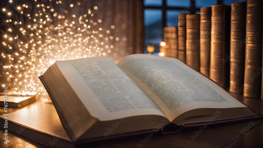 glowing light from an open book. Conceptual image with dry tree growing ...