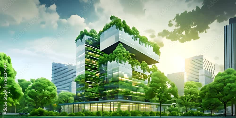 Sustainble green building in modern city. Corporate building reduce CO2 ...