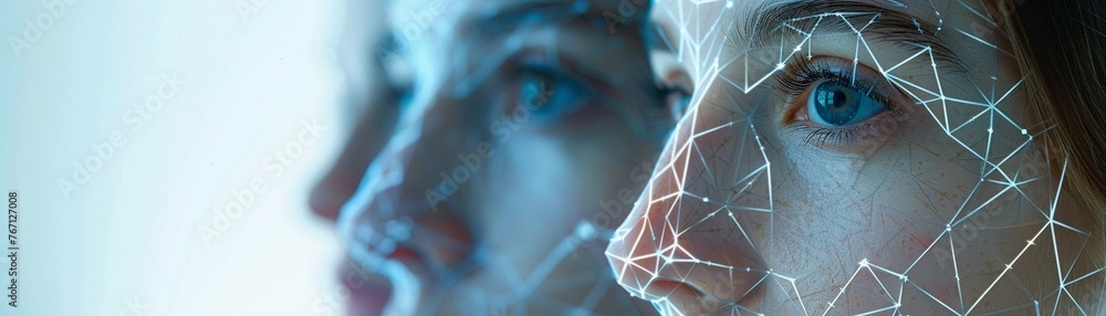 AI creating hyper-realistic deepfakes, visualized as digital masks overlaying human faces ...