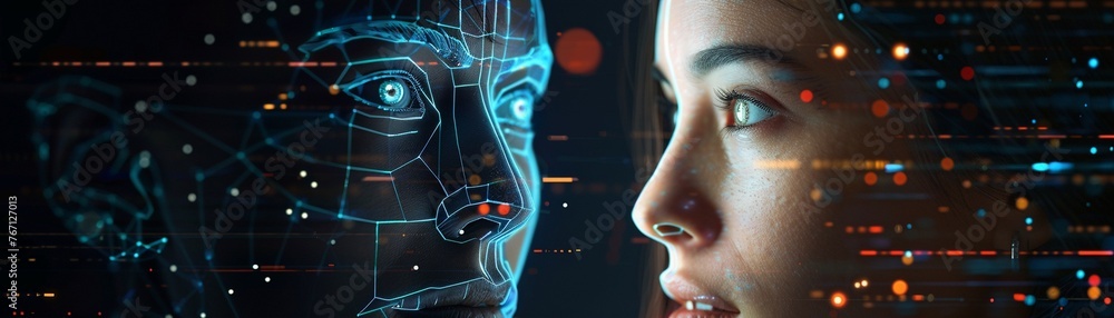 AI creating hyper-realistic deepfakes, visualized as digital masks ...