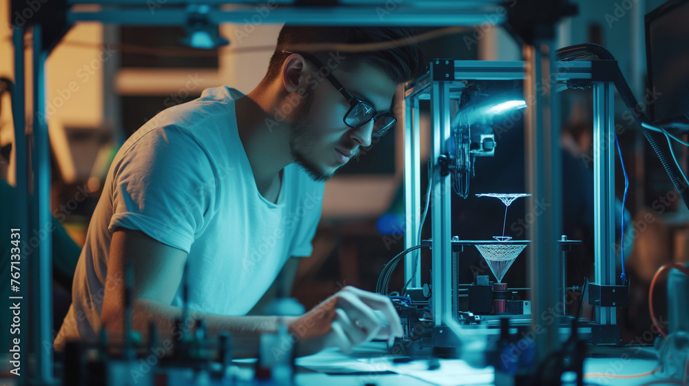 Engineer at a 3D printer to create prototypes, futuristic and creative ...