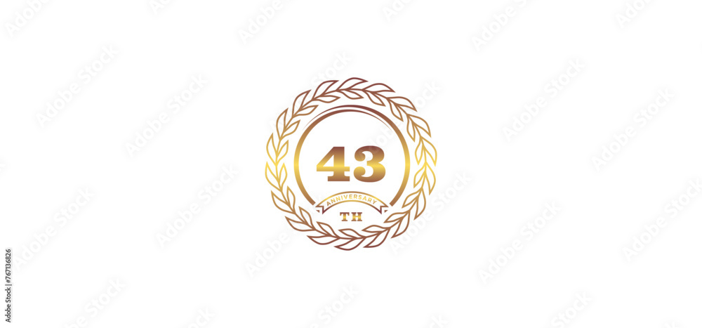 43st anniversary logo with ring and frame, gold color and white ...