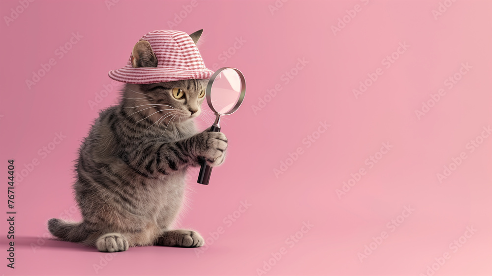 3D crafted scene of a detective cat with a magnifying glass, engaging ...