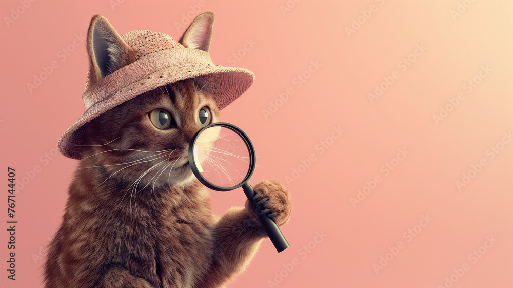 3D crafted scene of a detective cat with a magnifying glass, engaging ...