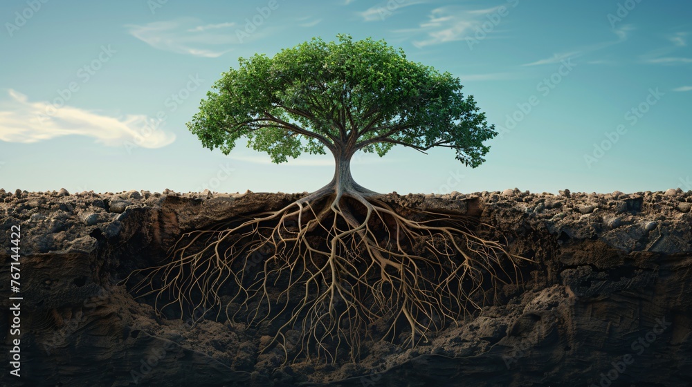 A cross section view of the earth revealing a trees roots branching out ...