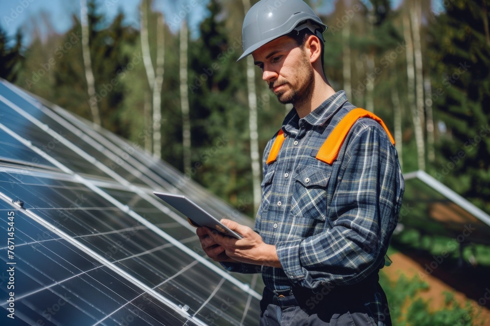 Engineer wearing a helmet inspects solar system, electrician or ...