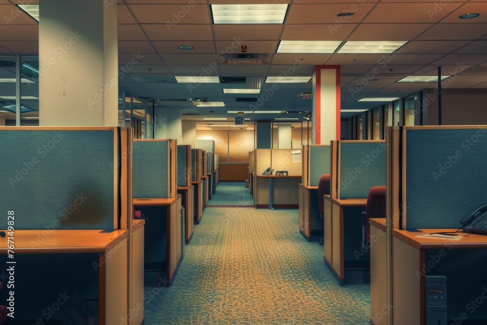 A series of office cubicles suddenly empty as the last workday ends ...