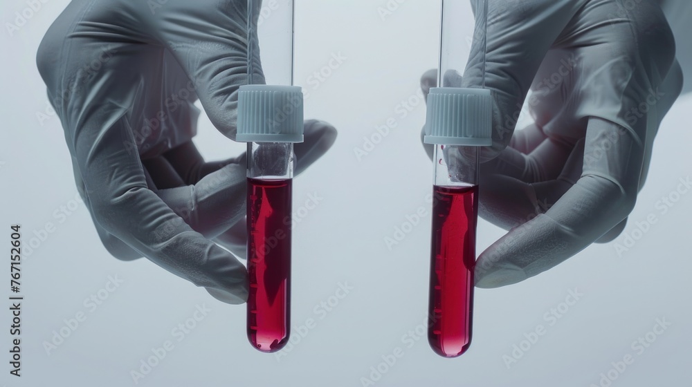 Chemist is preparing colorful test tubes on table with many chemical ...