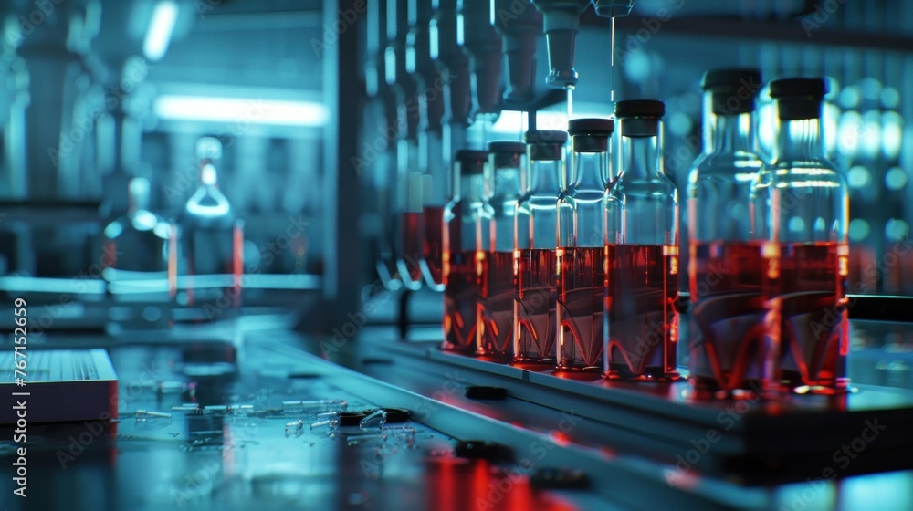 Chemist is preparing colorful test tubes on table with many chemical ...