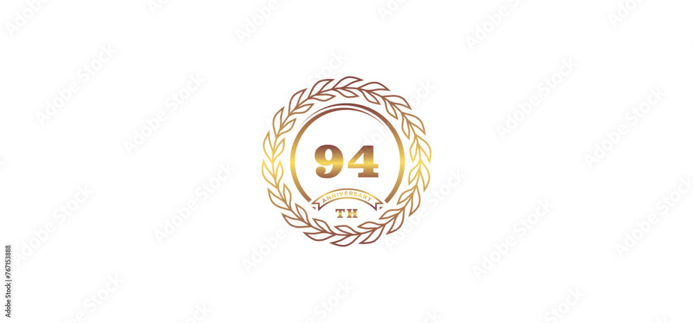 94st anniversary logo with ring and frame, gold color and white ...