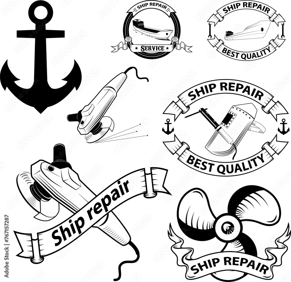 ship repear labels.design set in vector.Ship repair emblems, badges and ...