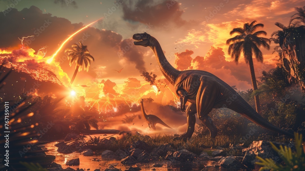 AI-generated majestic dinosaurs in a prehistoric landscape. Global ...