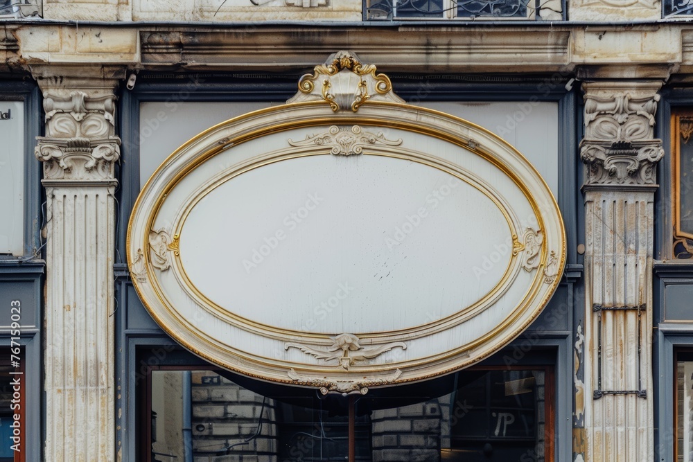 Elegant gold oval blank store sign on a classic facade Stock Photo ...