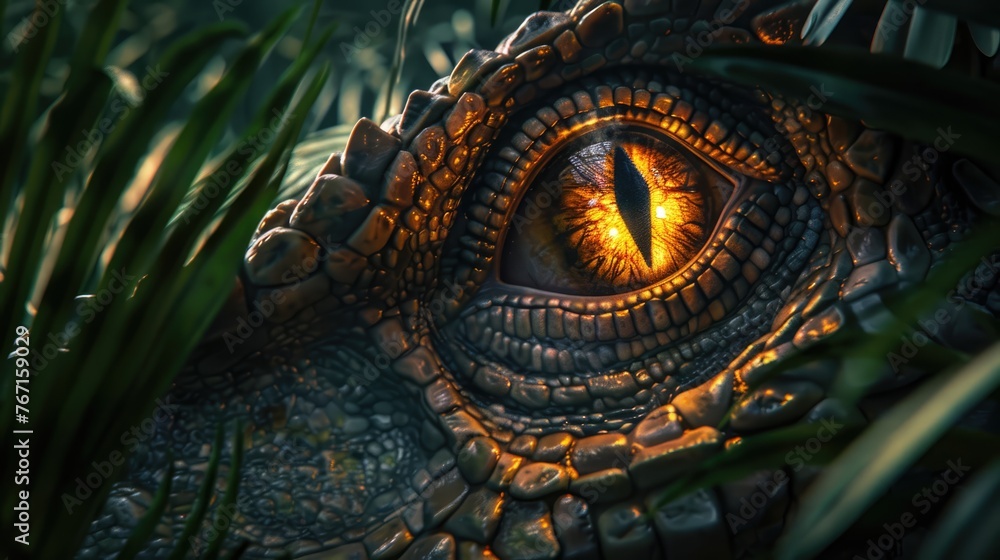AI-generated majestic dinosaurs in a prehistoric landscape. Eye close ...