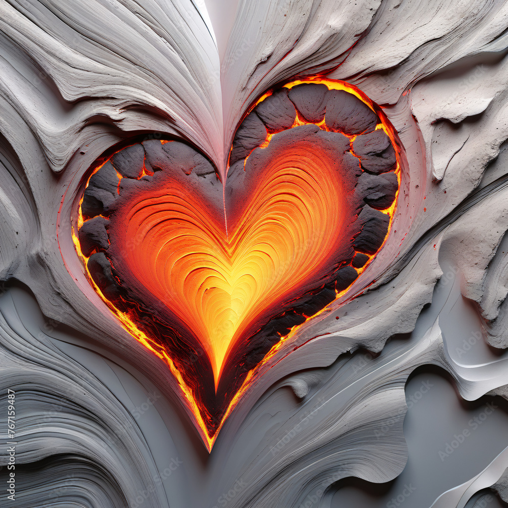 Hot burning lava heart carved on white stone art background, realistic ...