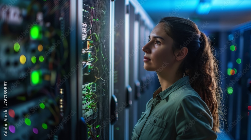 /imagine prompt: IT Specialist, A knowledgeable woman troubleshooting ...