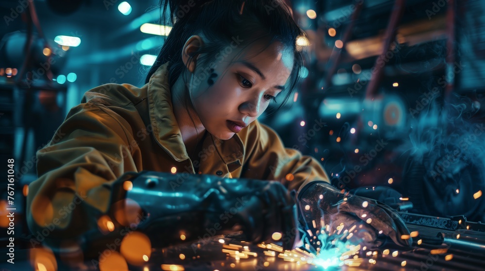 /imagine prompt: Welder, A determined woman welding metal, Industrial ...