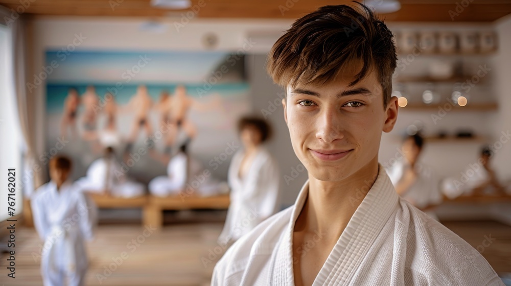 Karate or Judo asian martial art training in a dojo hall. Young student ...