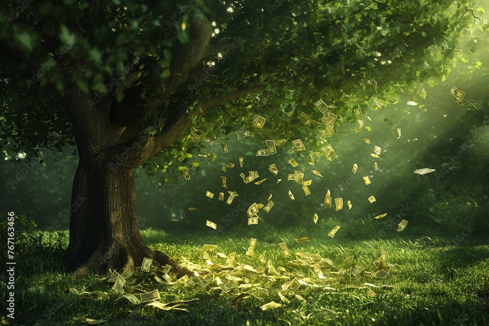 A large tree with coins falling from it. All over the tree, notes are ...