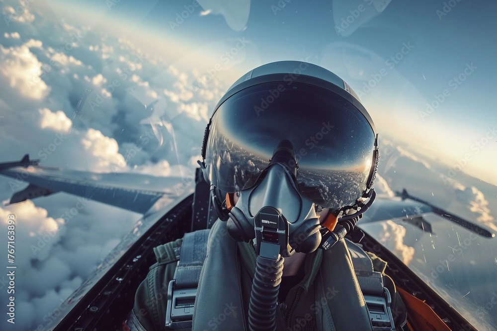 Portrait of a fighter pilot in an aircraft cockpit in the sky during ...