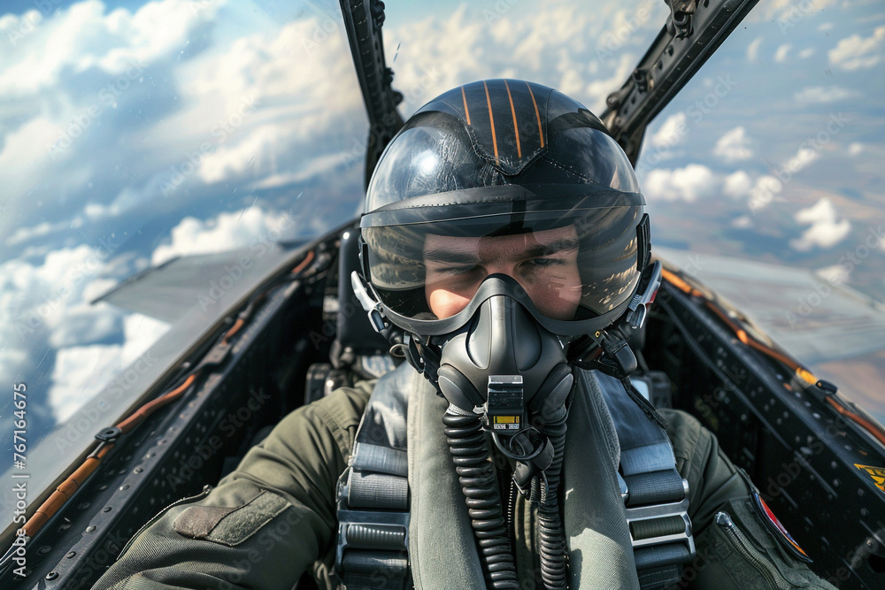 Portrait of a fighter pilot in an aircraft cockpit in the sky during ...