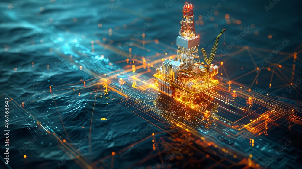 Futuristic Offshore Oil Rig Structure at Night in Blue Ocean Waters ...
