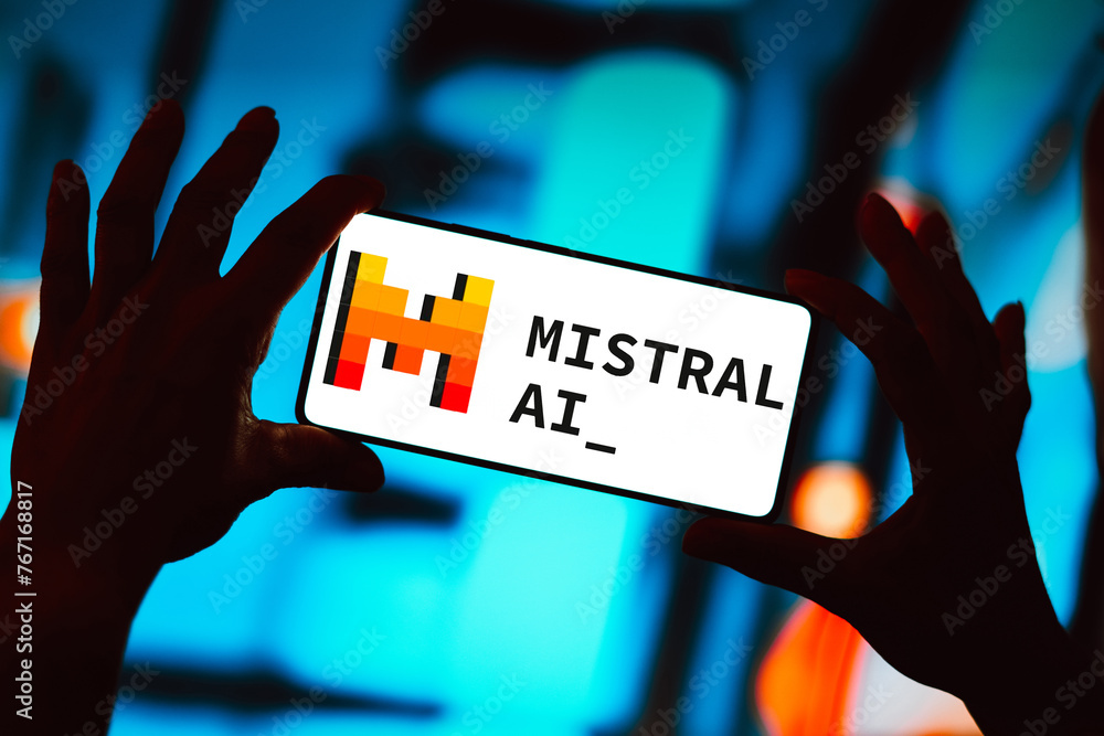 March 25, 2024, Brazil. In this photo illustration, the Mistral AI logo ...