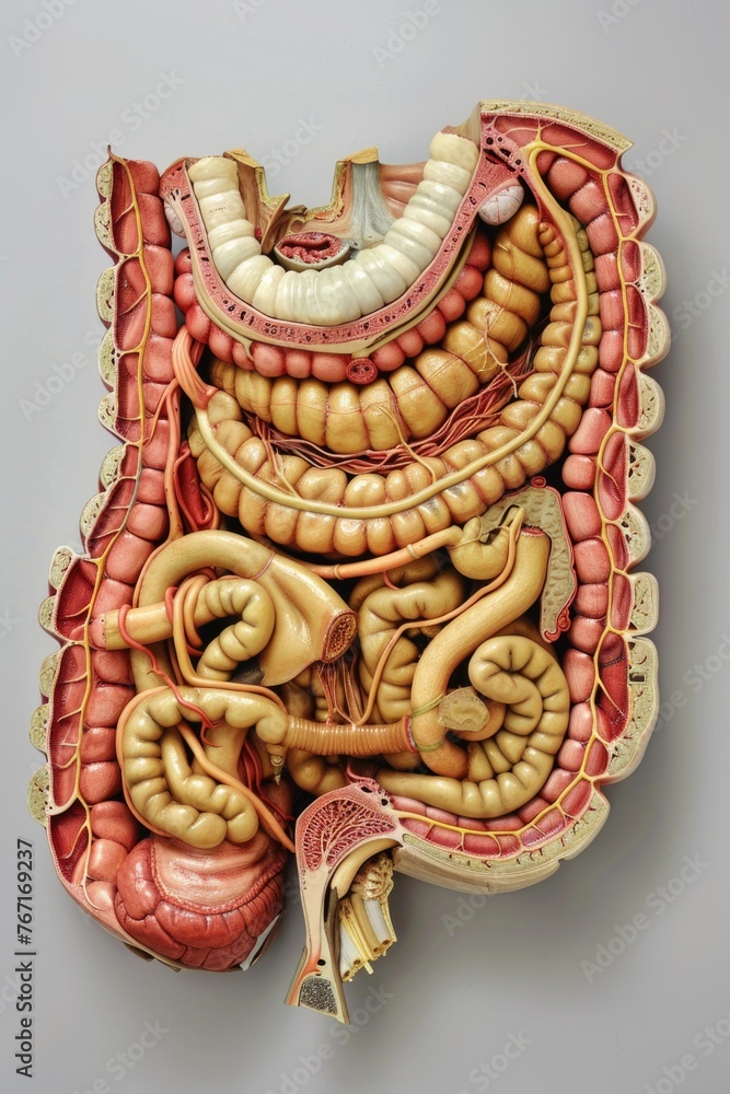 Exploded view diagram of the colon anatomy, each section separated ...