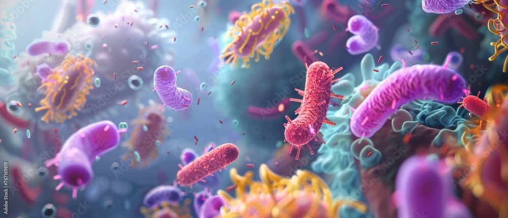 Artistic interpretation of the microbiome on human skin, showcasing a ...