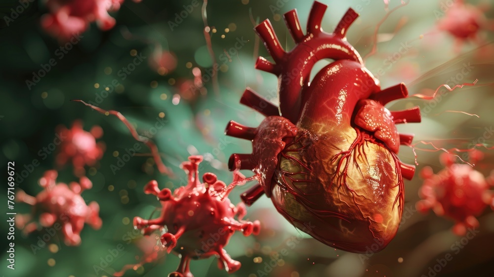 Artistic rendering of the human heart with an emphasis on pathogens in ...