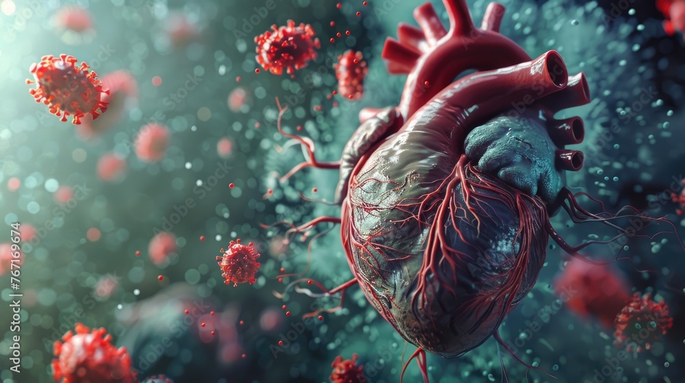 Artistic rendering of the human heart with an emphasis on pathogens in ...