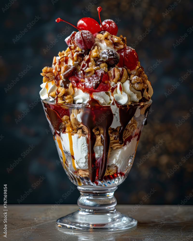 Food shot of Ice Cream Sundae served in a tall glass, brimming with ...