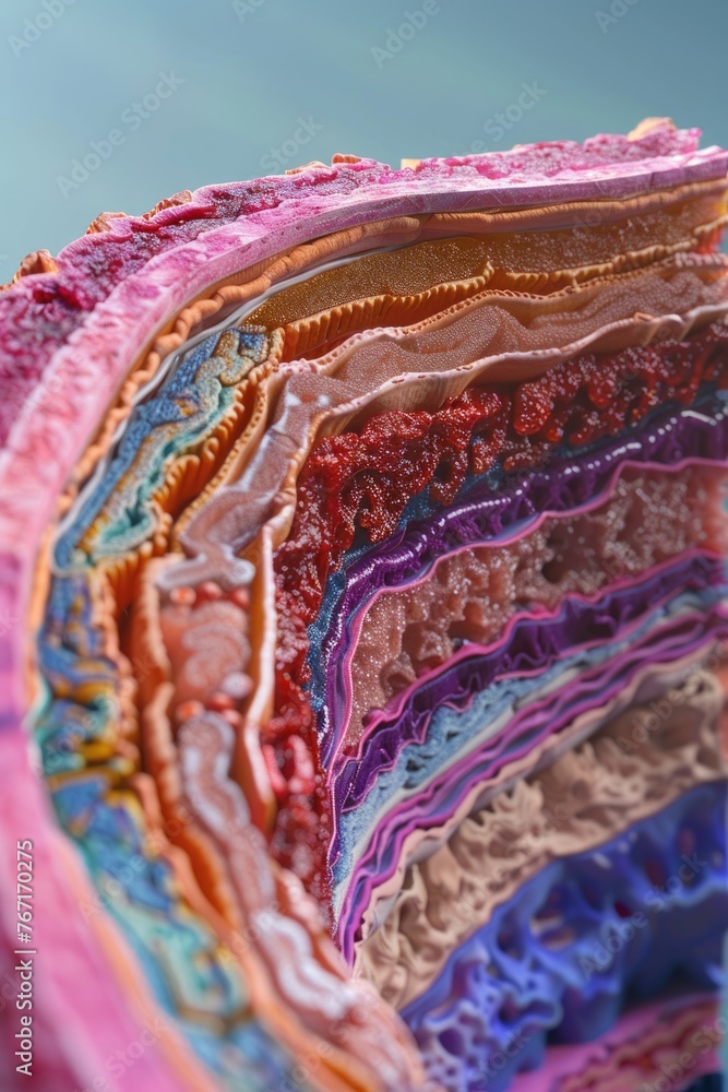 Crosssectional view of the colon wall, showing layers from mucosa to ...