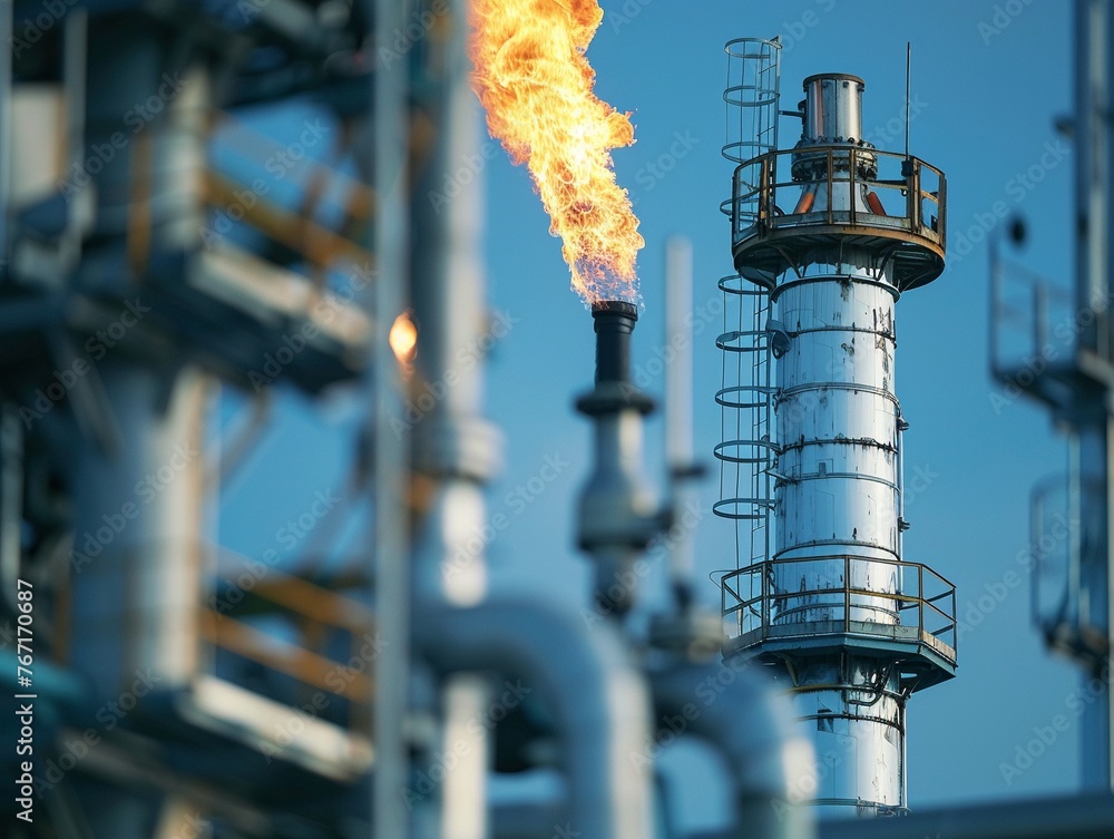 A detailed view of a gas flare stack in a refinery highlighting the ...