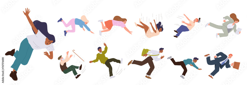 People cartoon characters of different ages falling down hurrying up or ...
