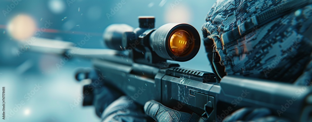 First-person shooter war game screenshot concept - man aiming enemy ...