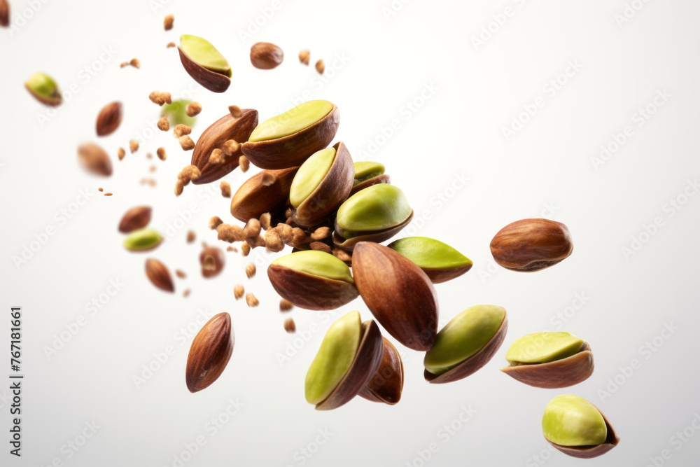 Splash of pistachios in shell and without isolated on white background ...