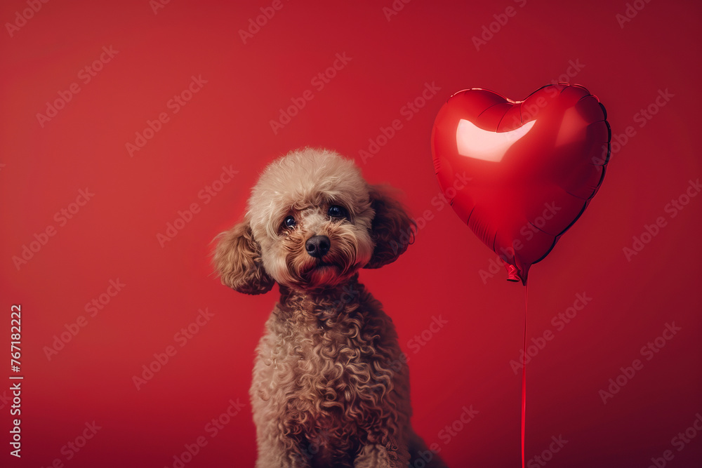 A beautiful beige Cavapoo dog with curly short hair sits next to a red ...